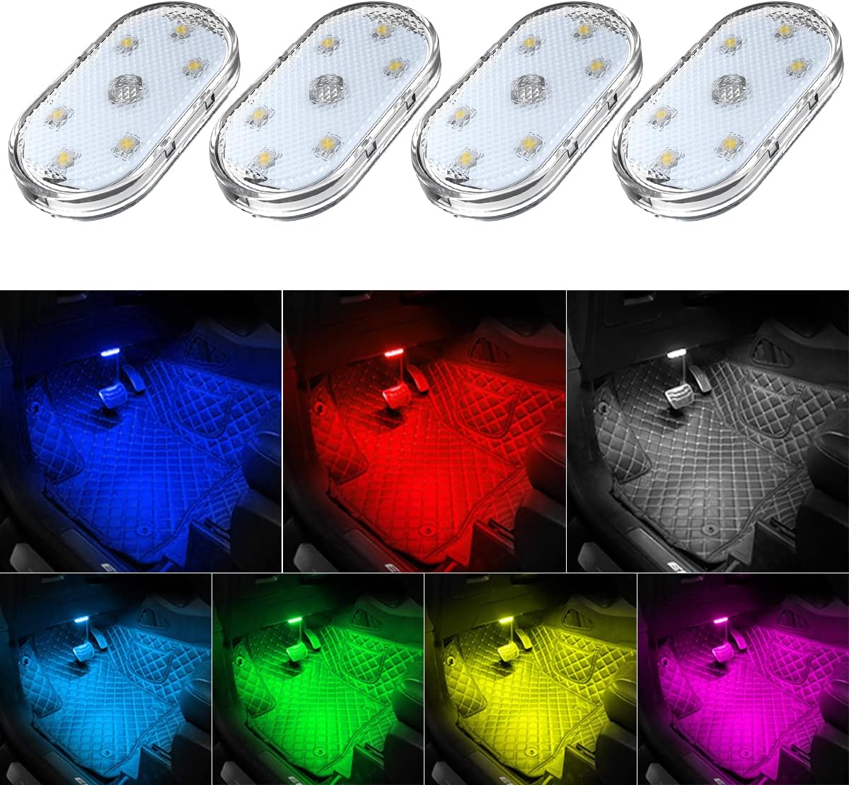 Wireless Interior LED Car Lights – 4 Pack, 7 Colors, USB Rechargeable ...