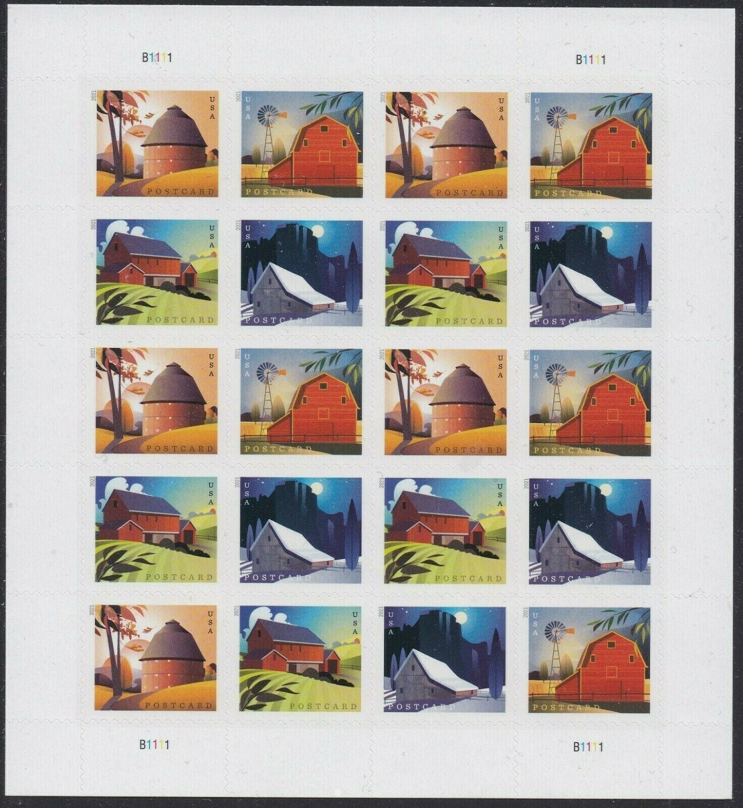 USPS Barn POSTCARD 2021 Forever Postage Stamps - Sheet of 20 Postage S ...